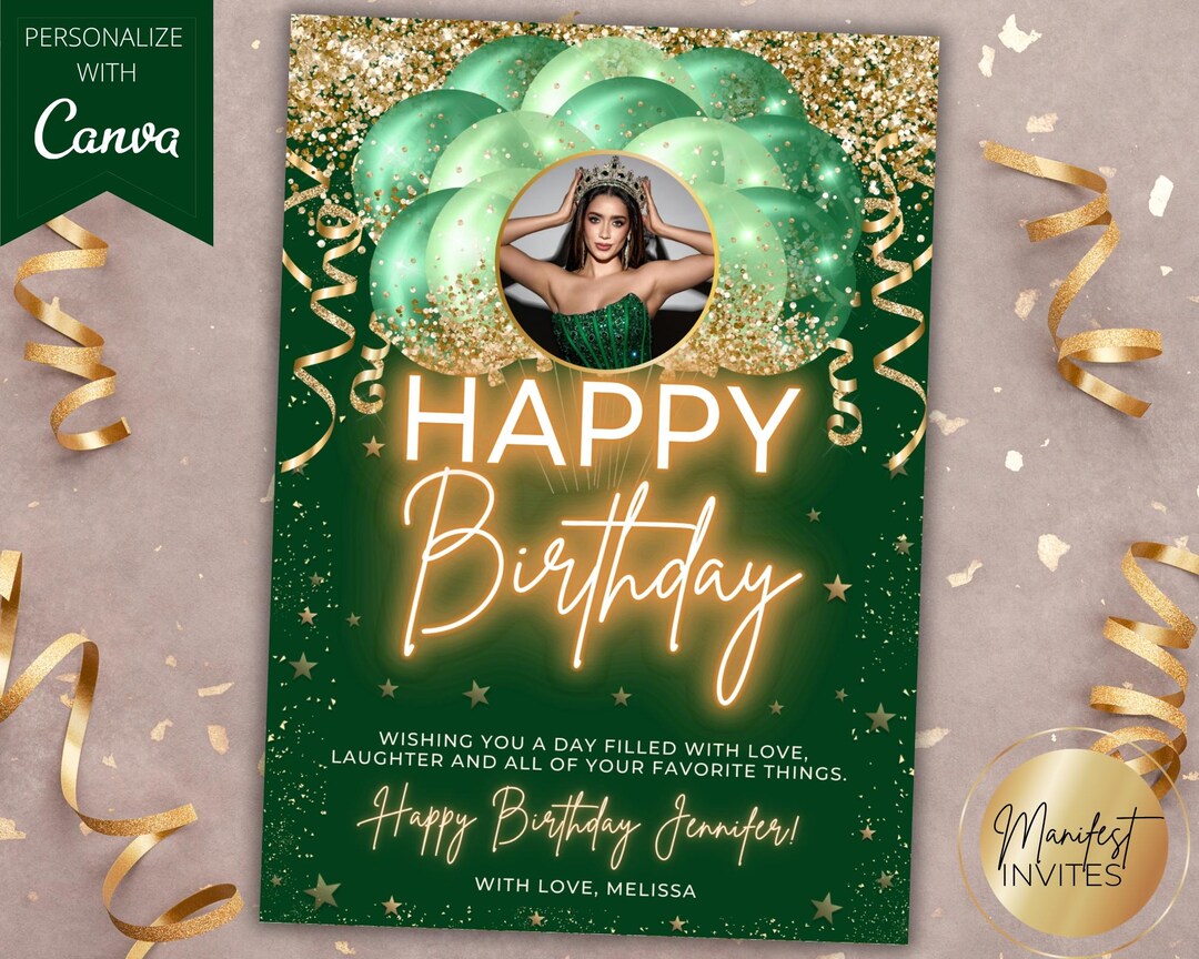 Editable Glam Photo Happy Birthday Greeting Card, Neon Green Gold ...