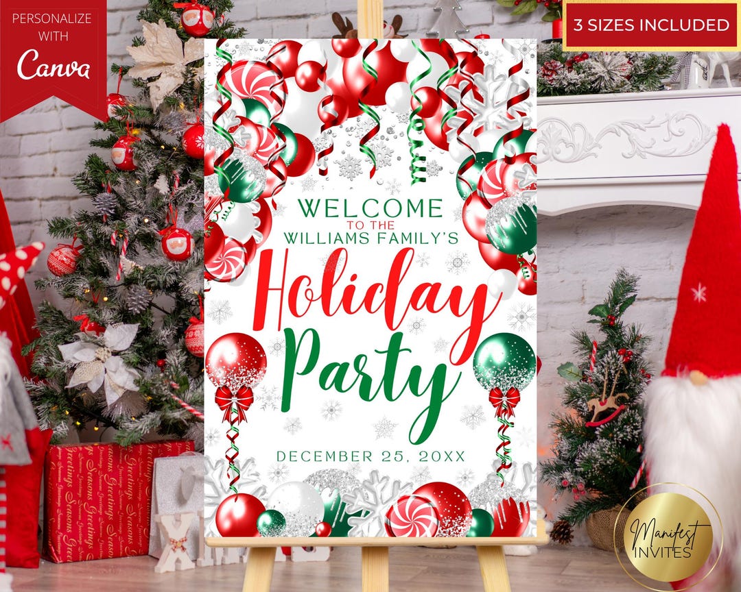 Editable Festive Holiday Party Welcome Sign, Xmas Christmas Party Decor ...