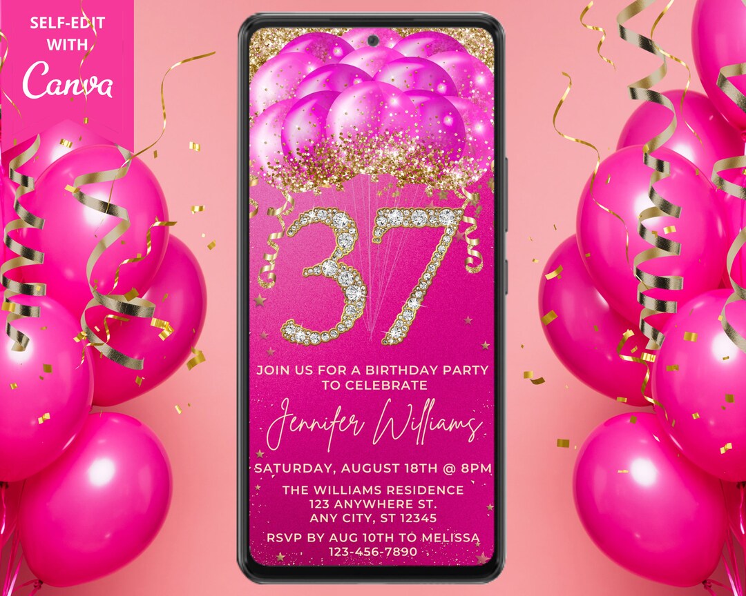 Digital 37th Birthday Diamond Gold Pink Balloons Party Invitation ...