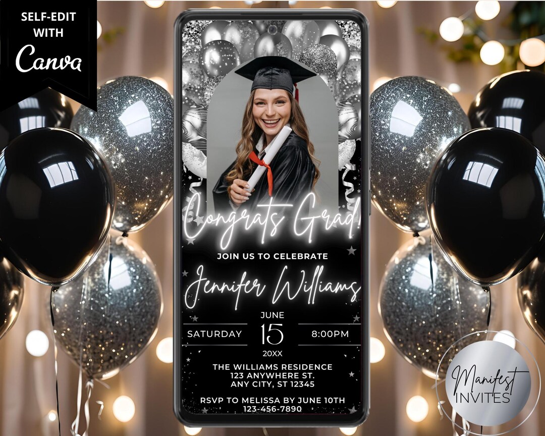 Digital Graduation Party Photo Invitation, Black Silver Balloons ...