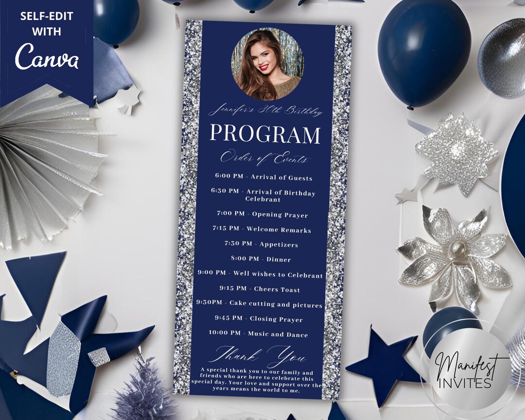 Editable Elegant Blue Silver Event Program Card Photo Template, Thank ...