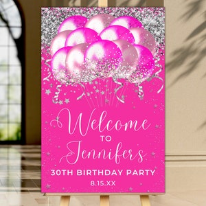 Printable Pink Silver Glitter Balloons Welcome Sign, Birthday Party ...