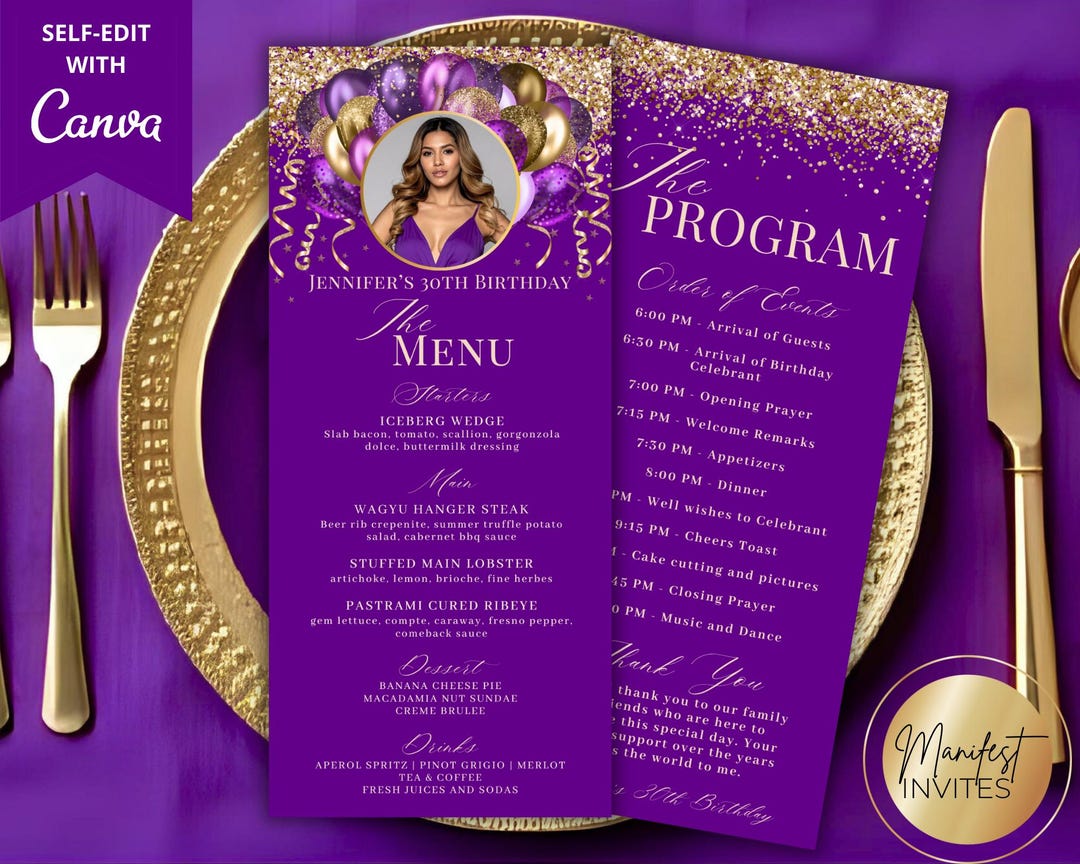 Editable Menu Program and Thank You Photo Card, Glam Purple Gold ...