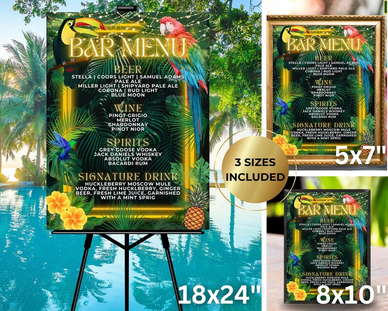 Editable Tropical Gold Neon Bar Menu, Summer Party Drink Menu, Palm ...