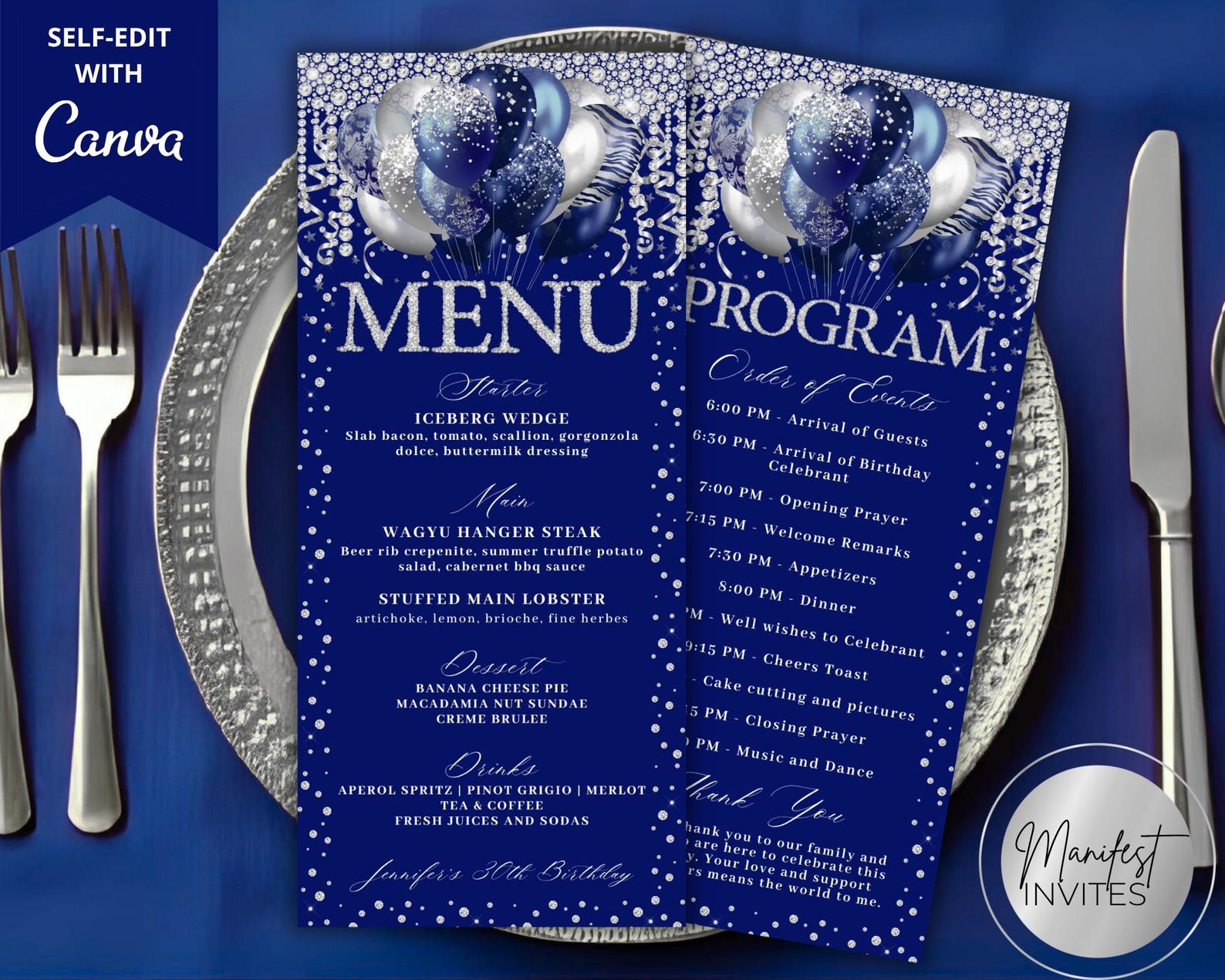 Editable Glam Blue Silver Glitter Balloons Diamond Menu Program and ...