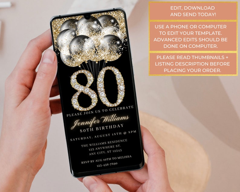 Digital 80th Birthday Party Invitation Electronic Text Etsy