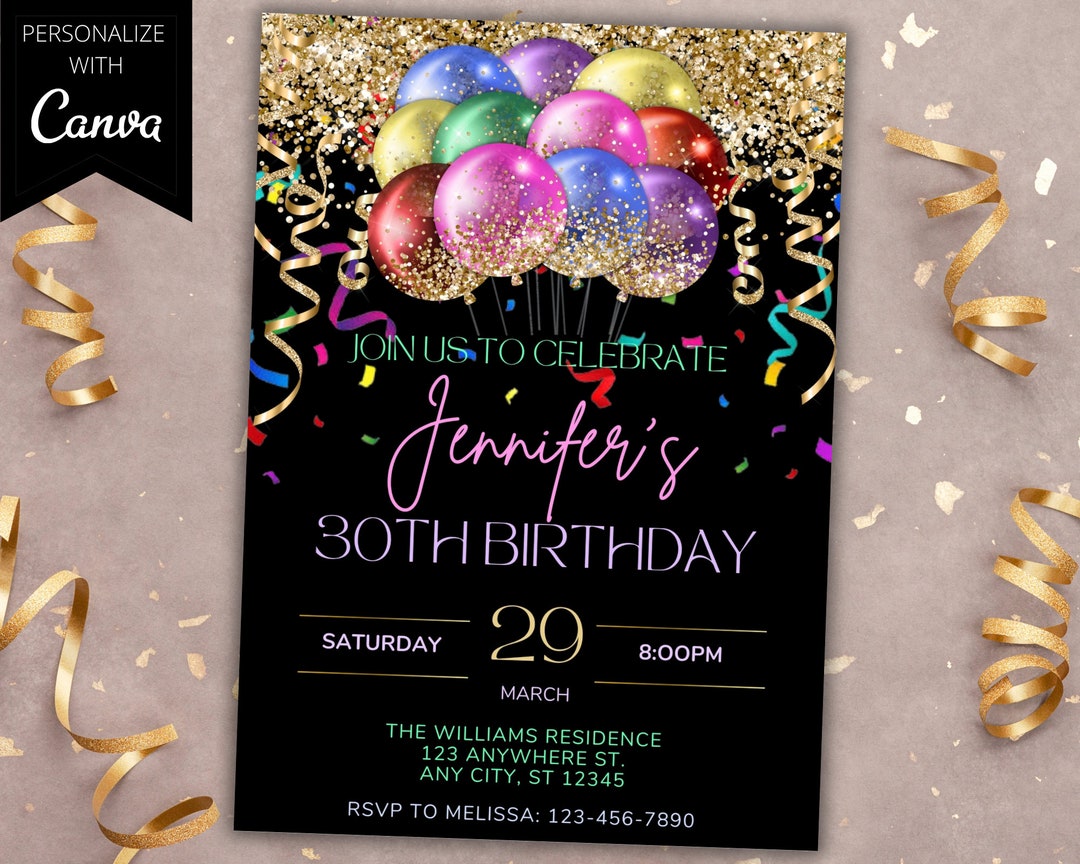 Editable Rainbow Gold Glitter Balloons Birthday Party Invitation ...