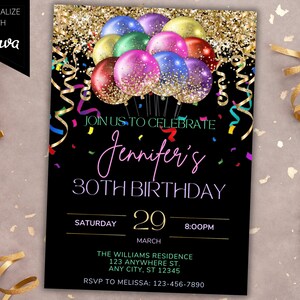 Editable Rainbow Gold Glitter Balloons Birthday Party Invitation ...