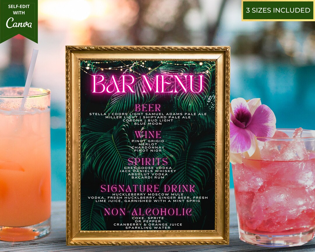 Editable Tropical Pink Neon Bar Menu Template, Printable Signature ...