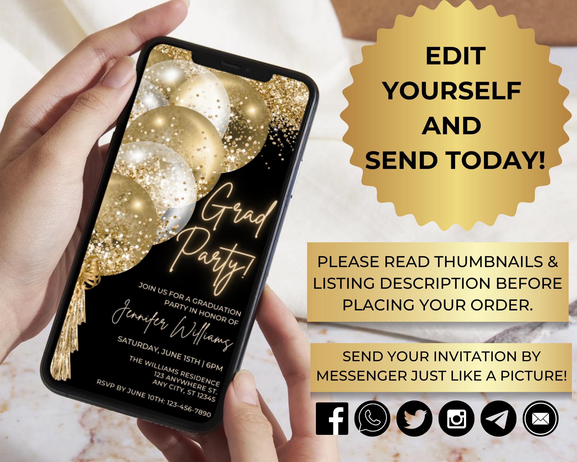 Digital Graduation Party Invitation, White Gold Balloons, High School ...