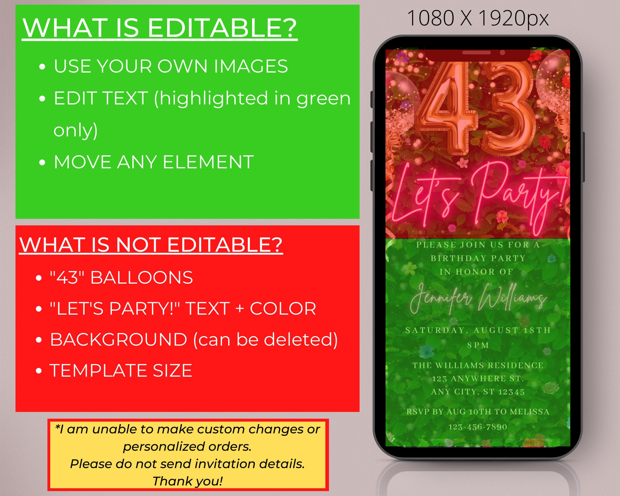 Digital 43rd Birthday Party Invitation Electronic Mobile - Etsy