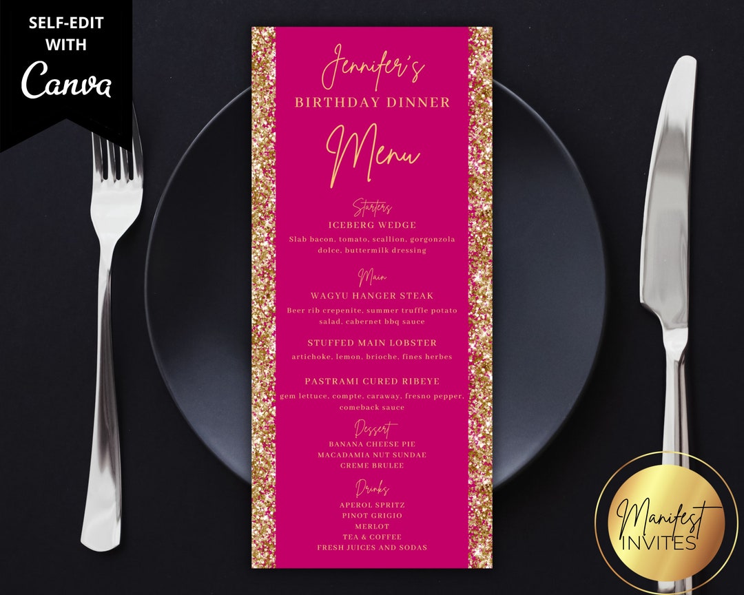 Editable Pink Gold Glitter Birthday Dinner Menu Card, Printable Dinner ...