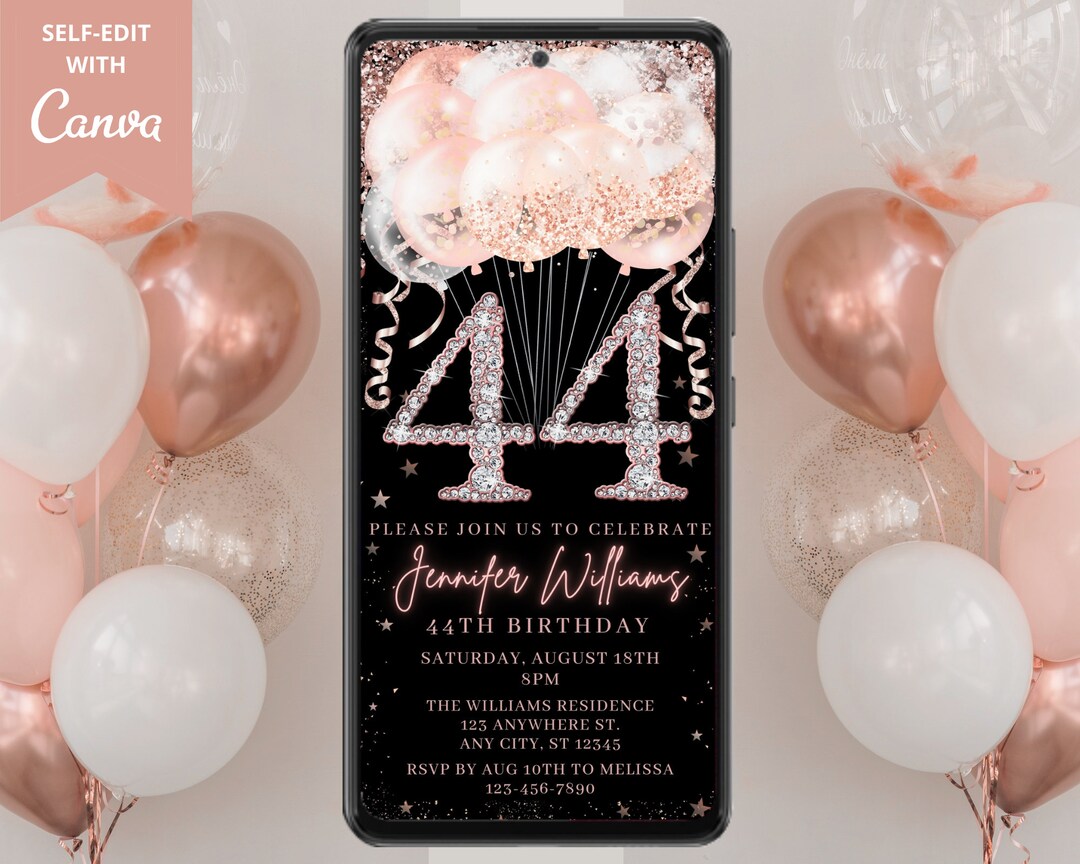 Digital 44th Birthday Pink Rose Gold Diamond Balloons Party Invitation ...