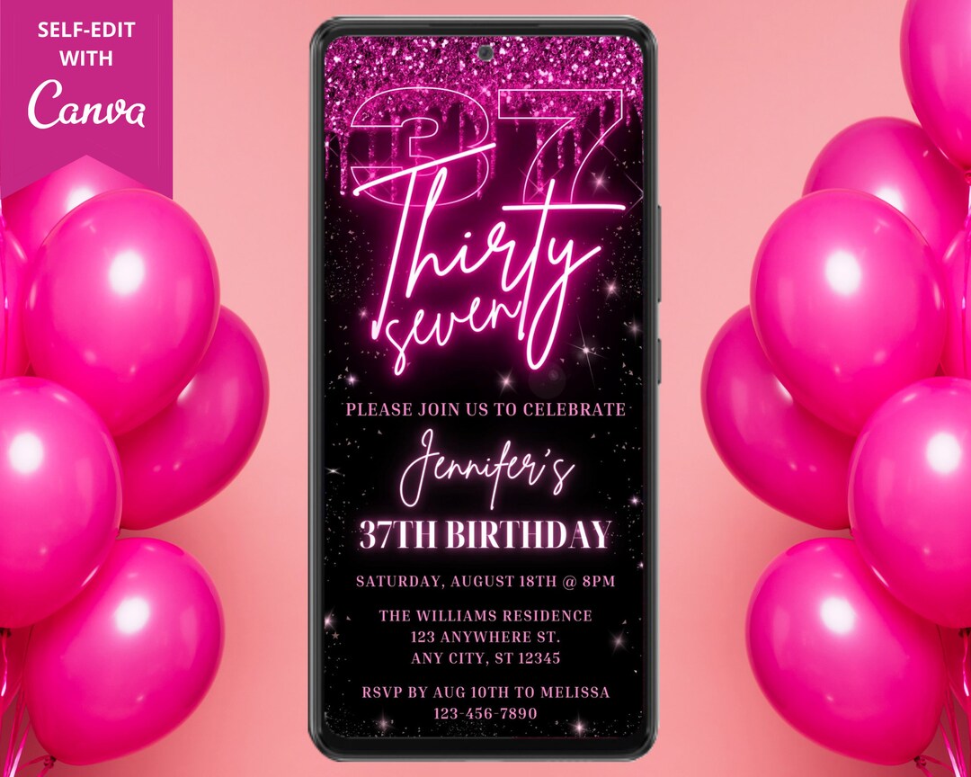 Digital 37th Birthday Party Invitation, Electronic Phone Text Evite ...