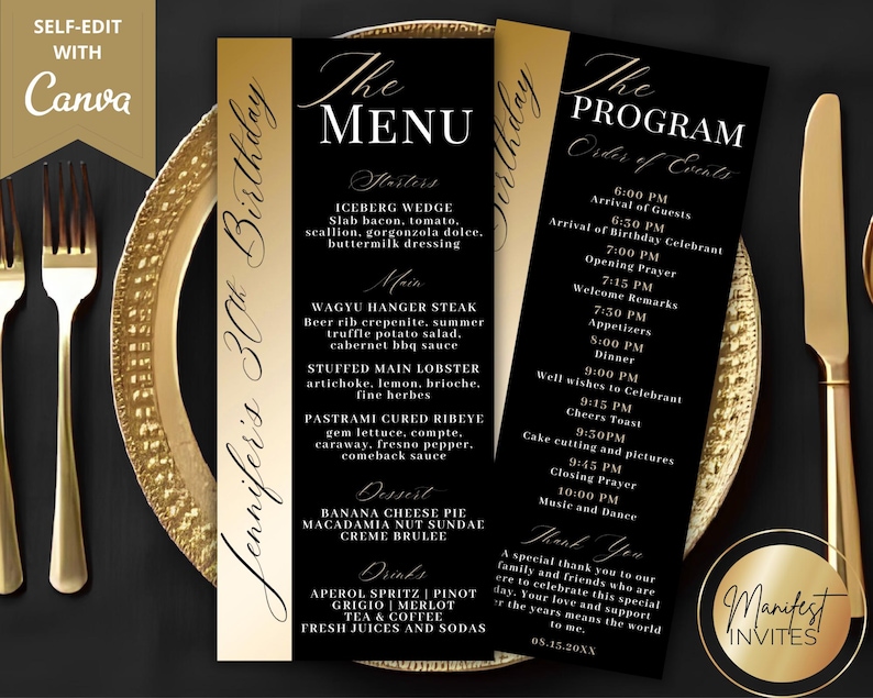 Editable Elegant Black Gold Menu Program and Thank You Card, Modern ...