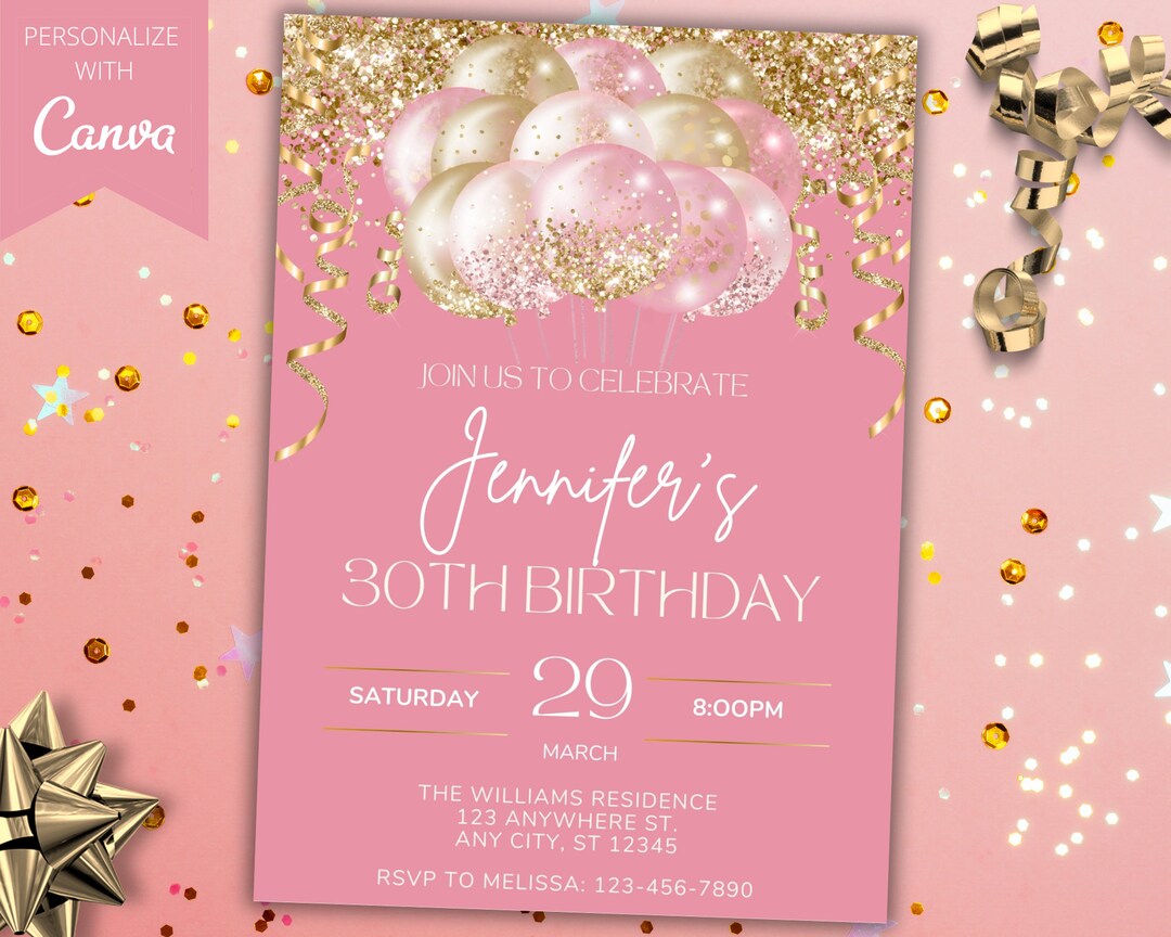 Editable Pink Gold Glitter Balloons Birthday Party Invitation ...