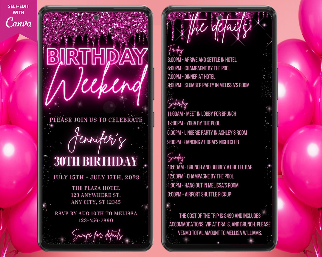 Digital Birthday Weekend Itinerary Invitation, Electronic Phone Evite ...