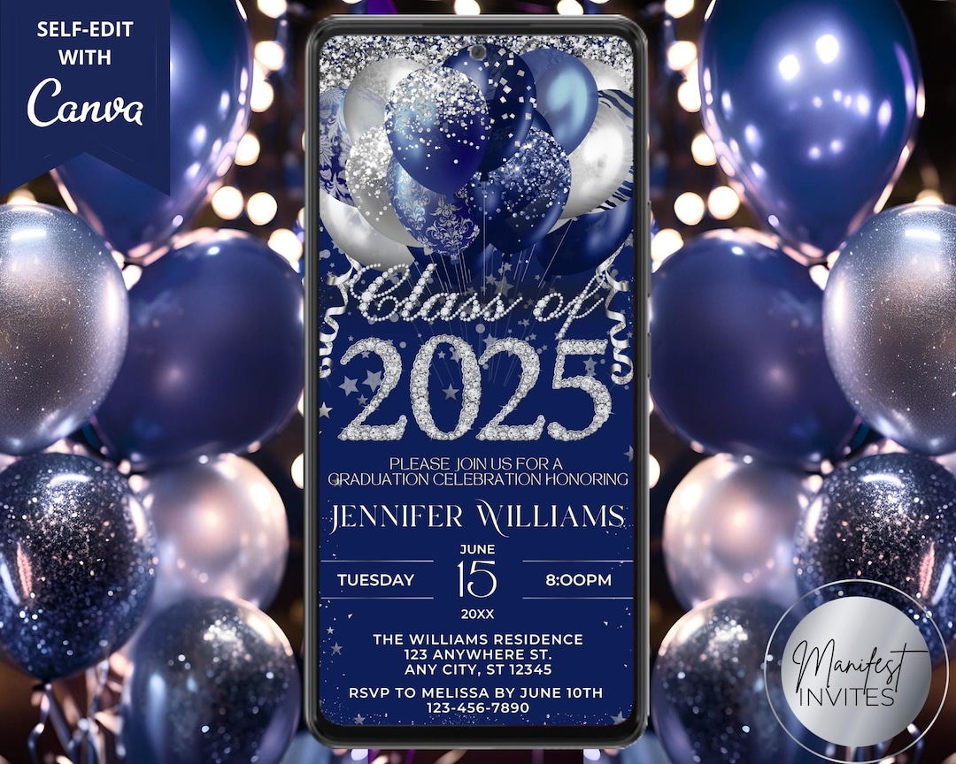 Digital Elegant Class of 2025 Graduation Party Invitation, Diamond Blue ...