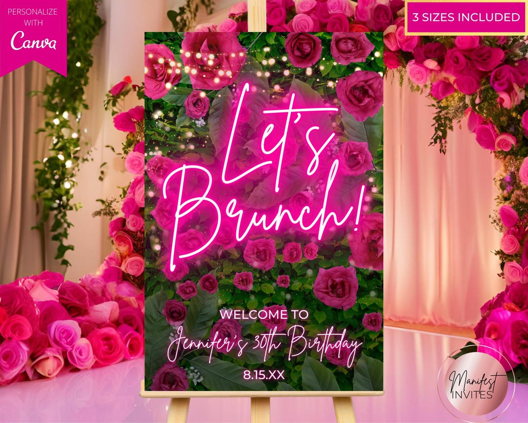 Editable Let's Brunch Pink Neon Floral Greenery Party Welcome Sign ...
