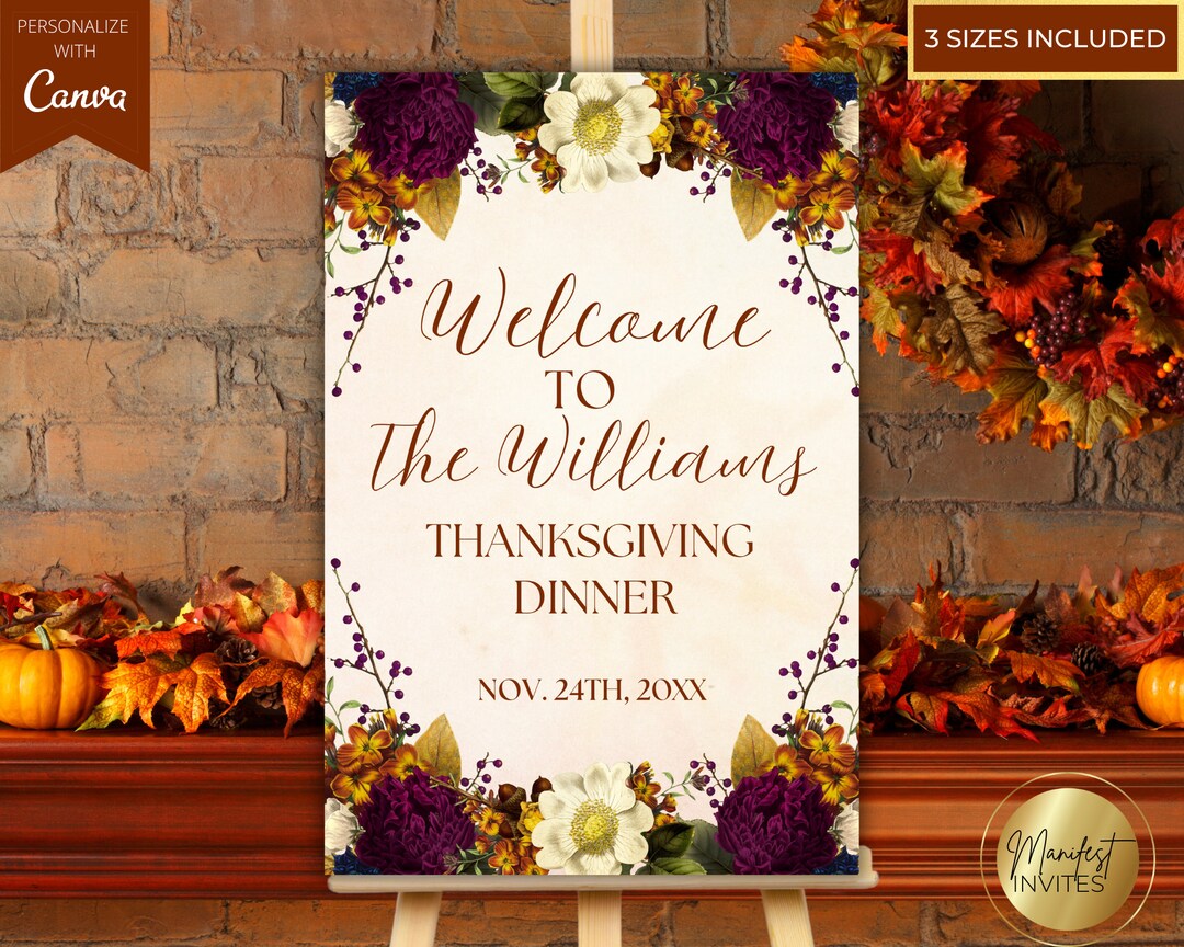 Editable Thanksgiving Dinner Welcome Sign, Autumn Florals, Printable ...