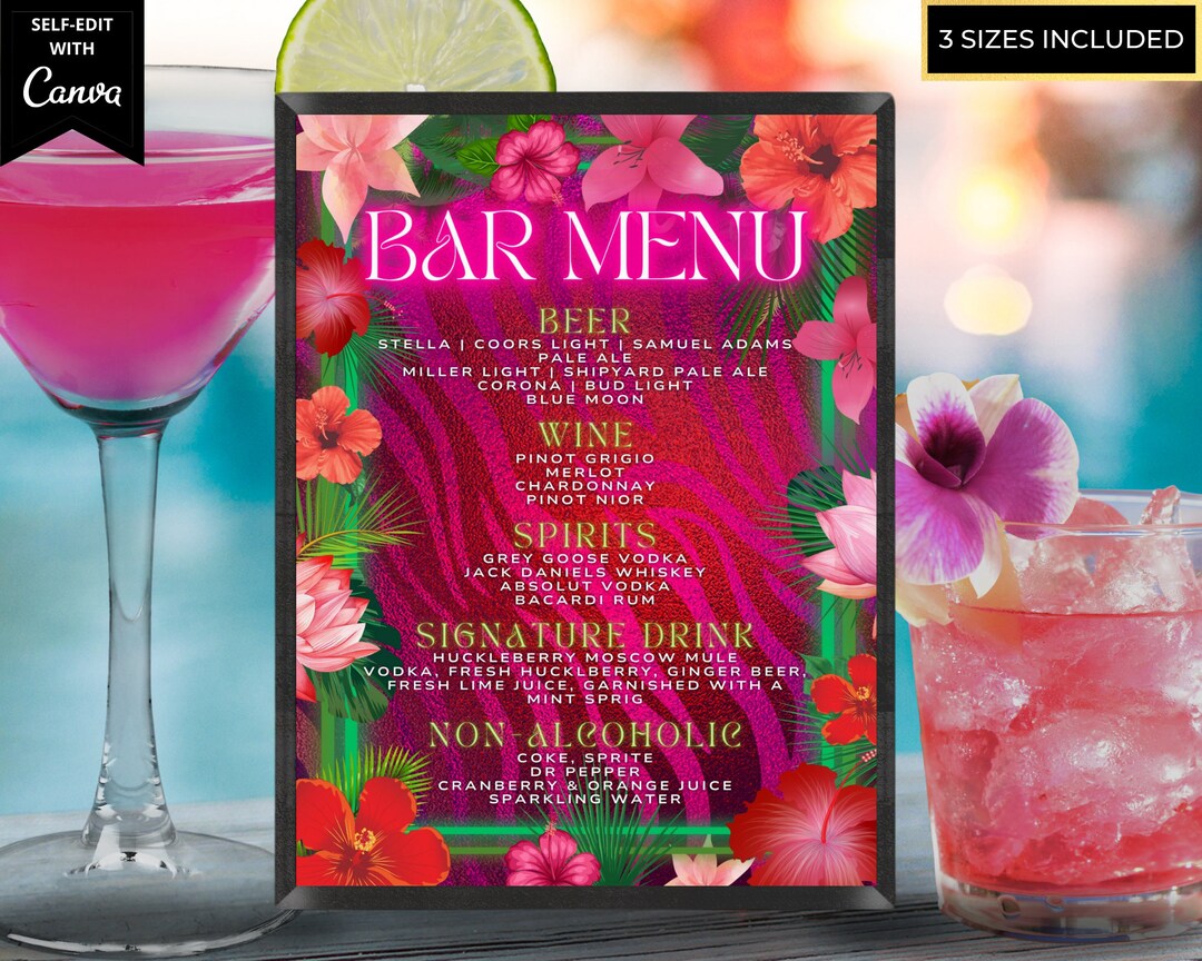 Editable Tropical Pink Floral Bar Menu Template, Printable Signature ...