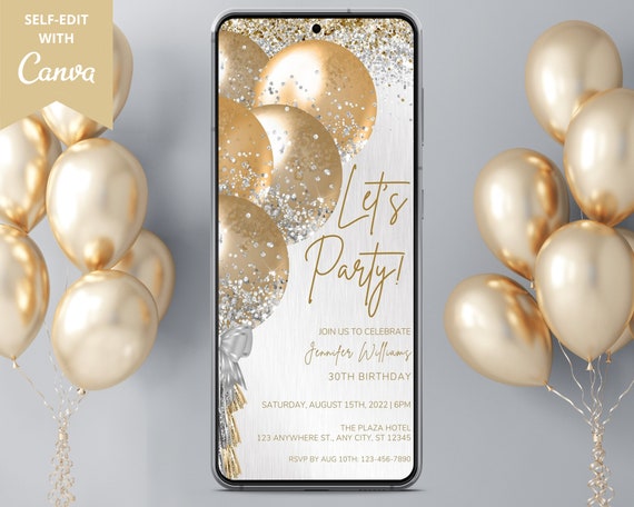 Digital Gold Silver Balloons Birthday Party Invitation - Etsy