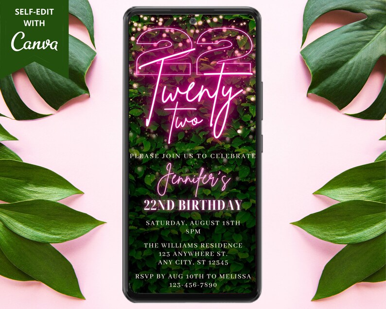 Digital 22nd Birthday Party Invitation, Electronic Phone Text Message ...