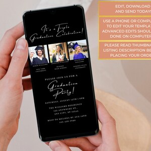 Digital Triple Graduation Invitation, Electronic Grad Party Invite ...