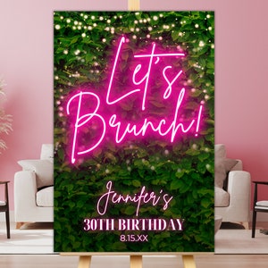 Editable Let's Brunch Pink Neon Greenery Birthday Party Welcome Sign ...