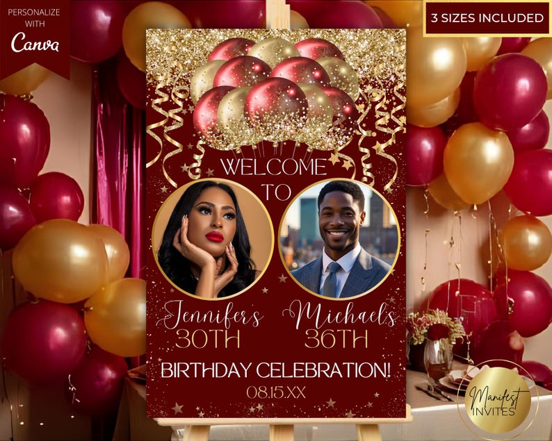 Editable Double Birthday Photo Red Gold Balloons Party Welcome Sign ...