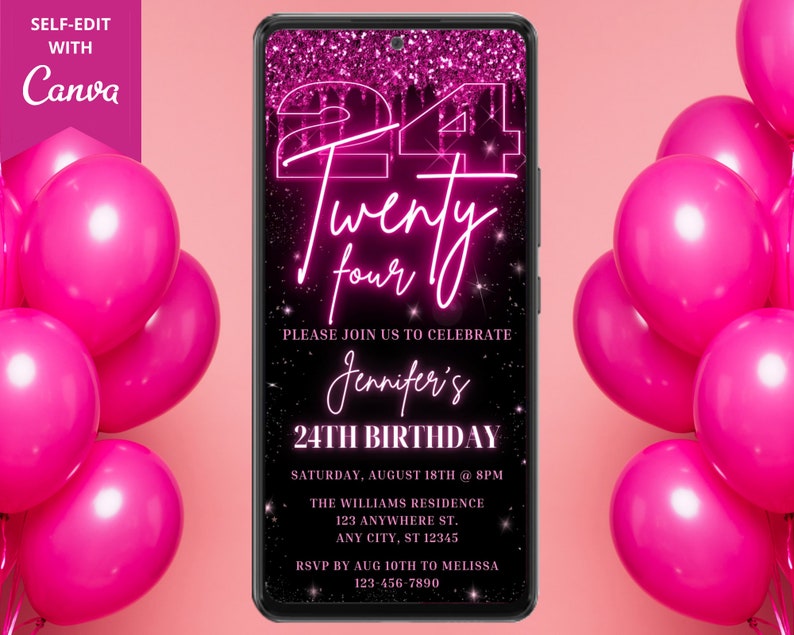 Digital 24th Birthday Party Invitation, Electronic Smartphone Evite ...