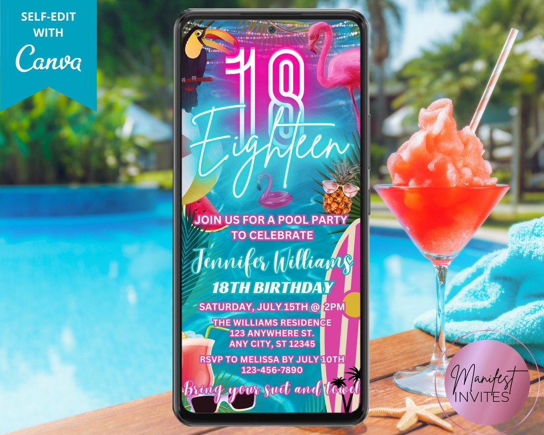 Digital 18th Birthday Pool Party Invitation, Tropical Luau Beach Party ...