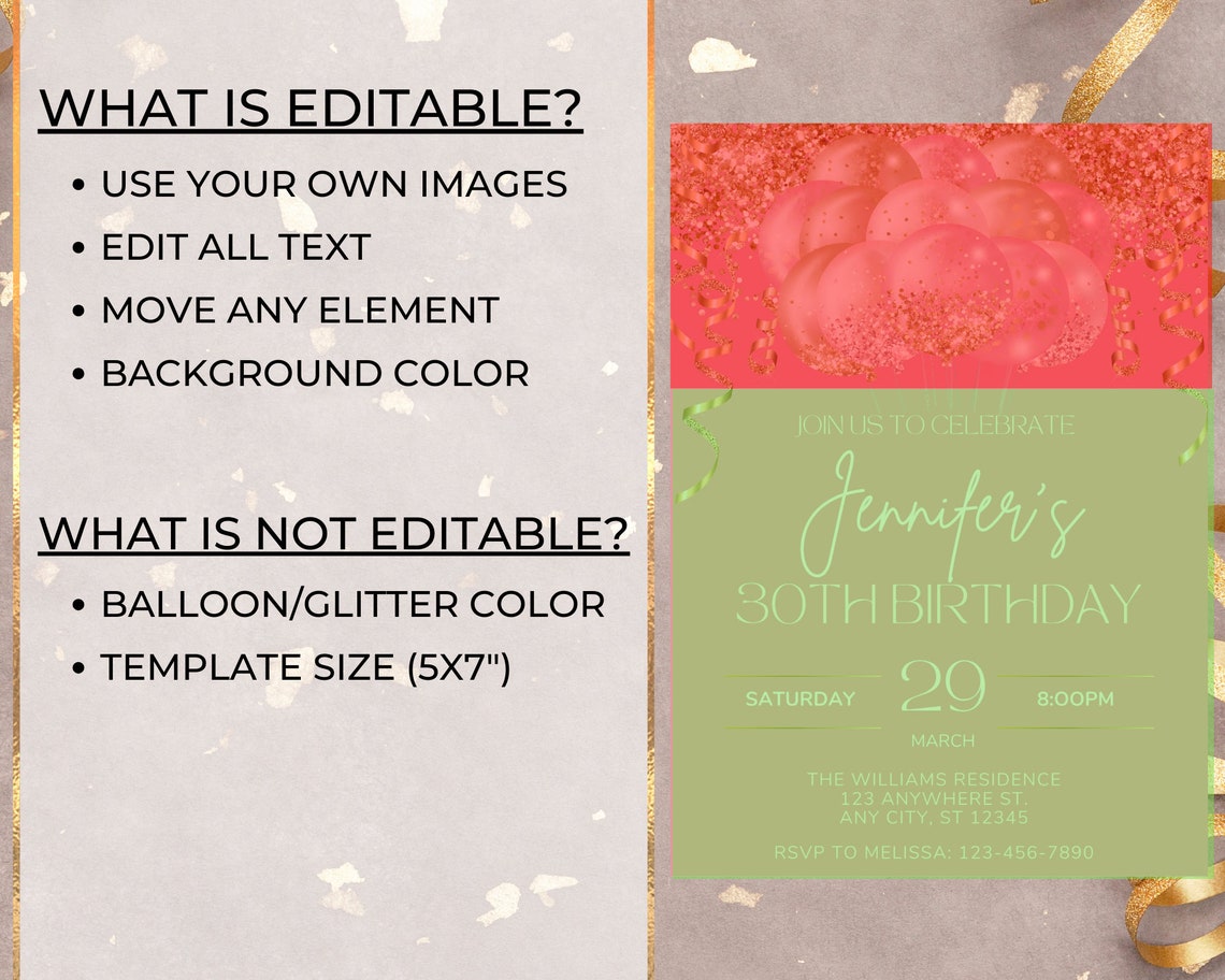 Editable Pink Gold Glitter Balloons Birthday Party Invitation ...