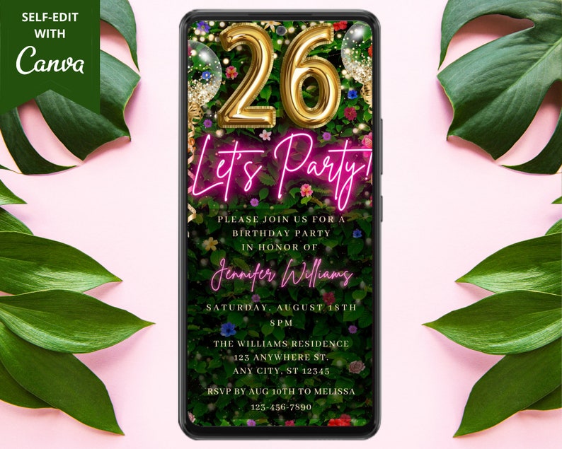 Digital 26th Birthday Party Invitation, Electronic Mobile Phone Text ...