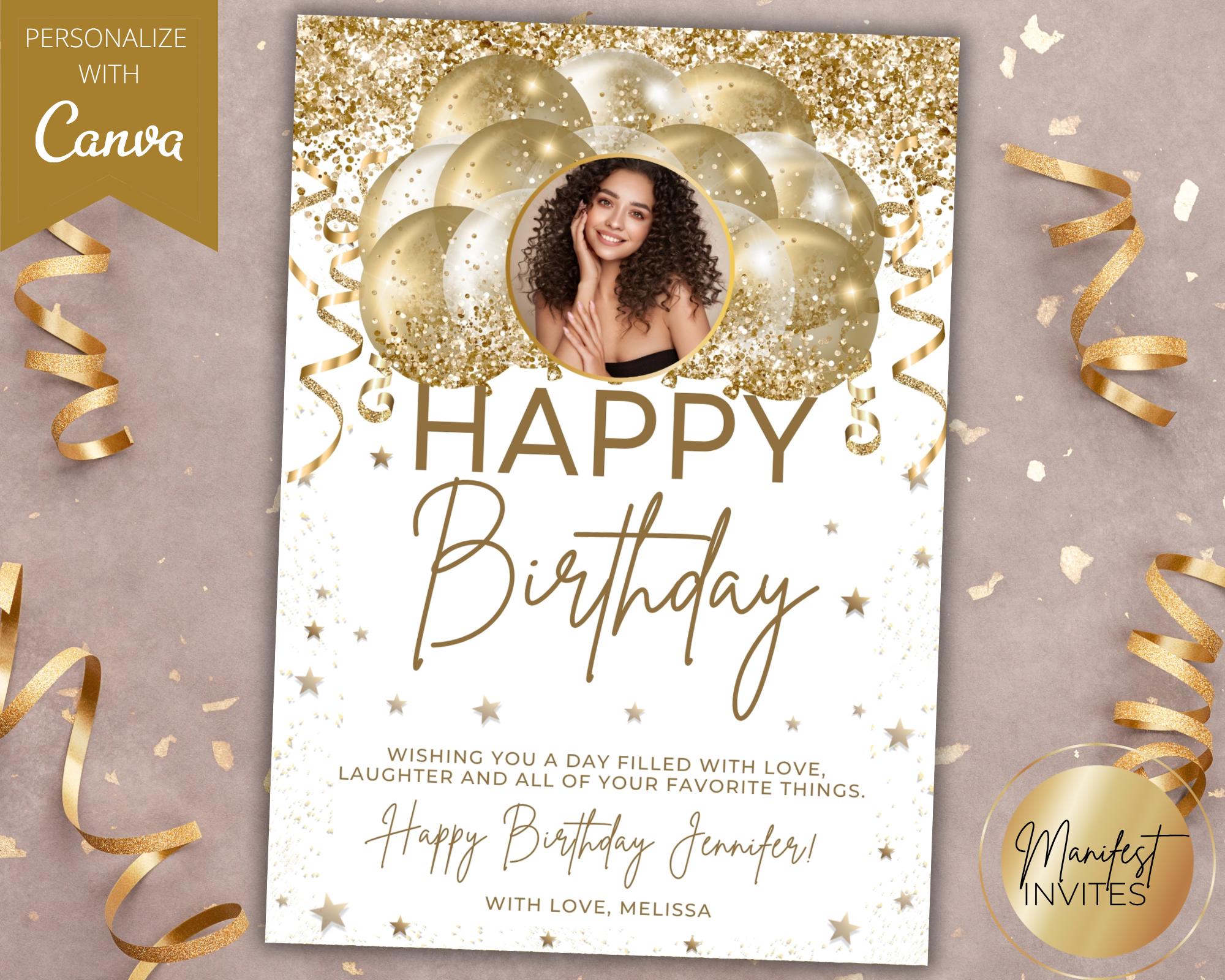Editable Glam Photo Happy Birthday Greeting Card, White Gold Glitter ...