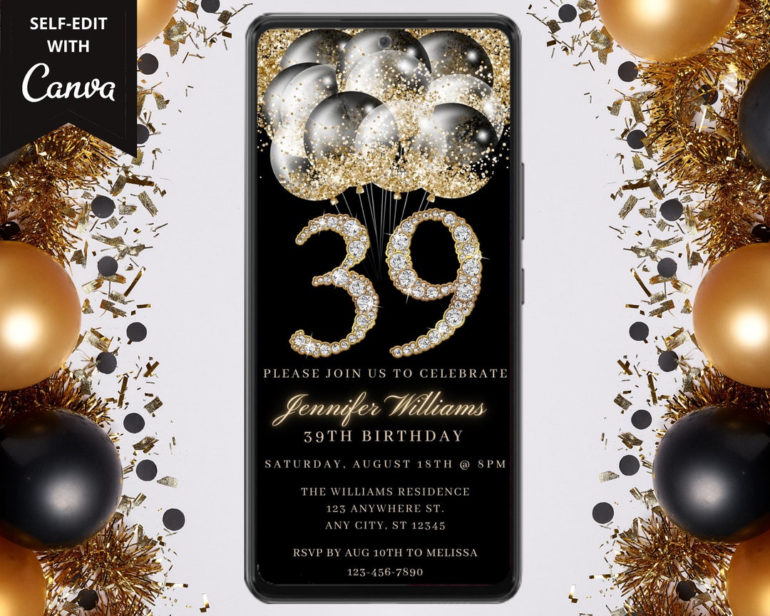 Digital 39th Birthday Party Invitation, Electronic Text Message Evite ...