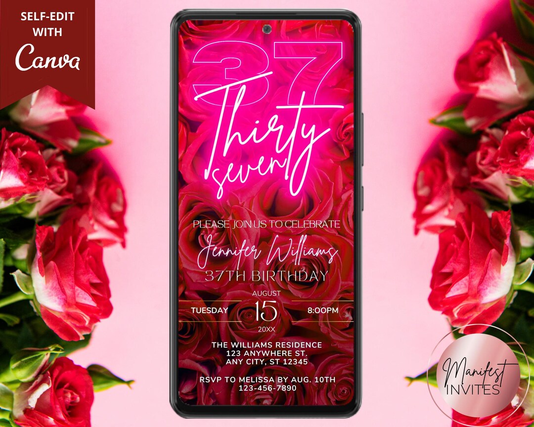 Digital 37th Birthday Pink Neon Red Floral Roses Party Invitation, for ...