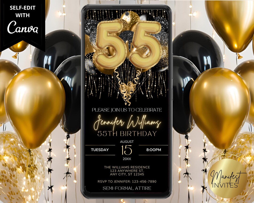 Digital 55th Birthday Party Invitation, Black and Gold Balloons, Adult ...