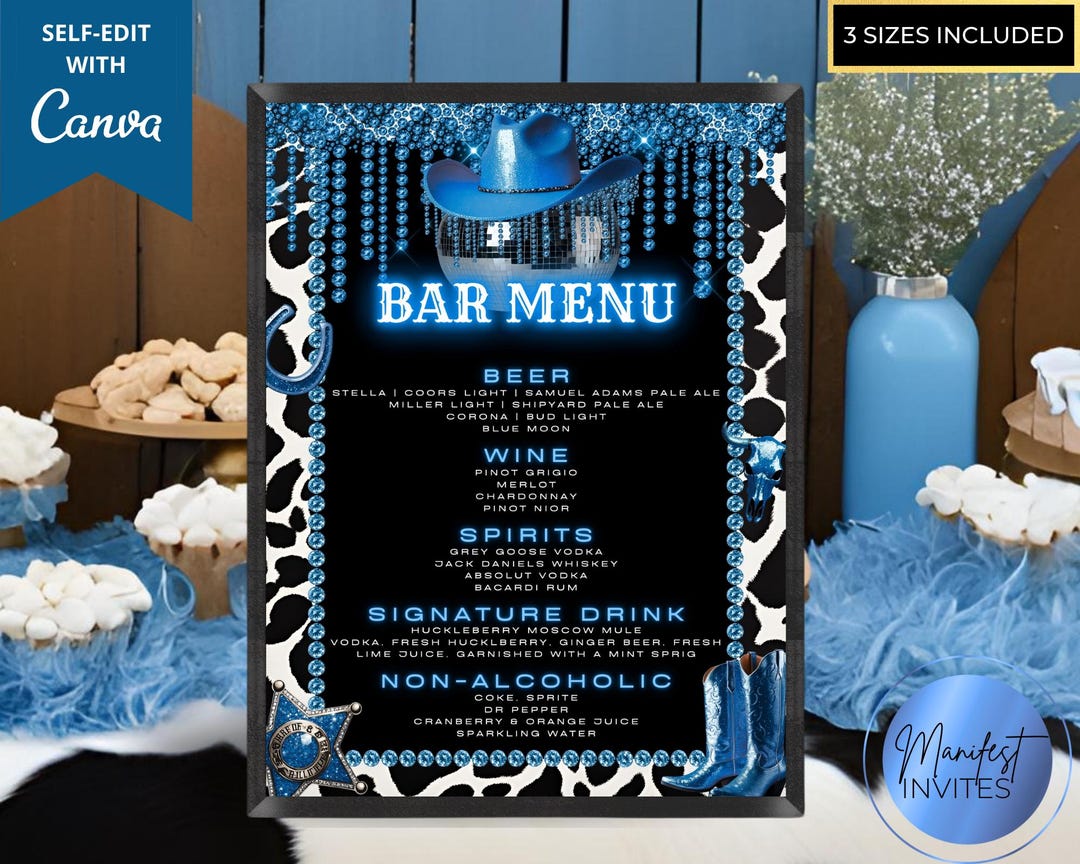 Editable Blue Disco Cowgirl Western Bar Menu Template, Printable ...