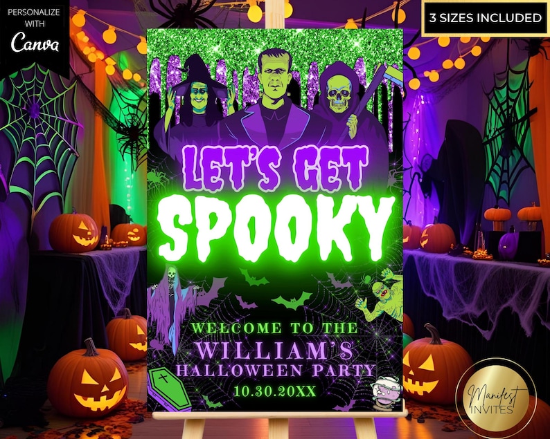 Editable Let's Get Spooky Halloween Party Welcome Sign Template ...