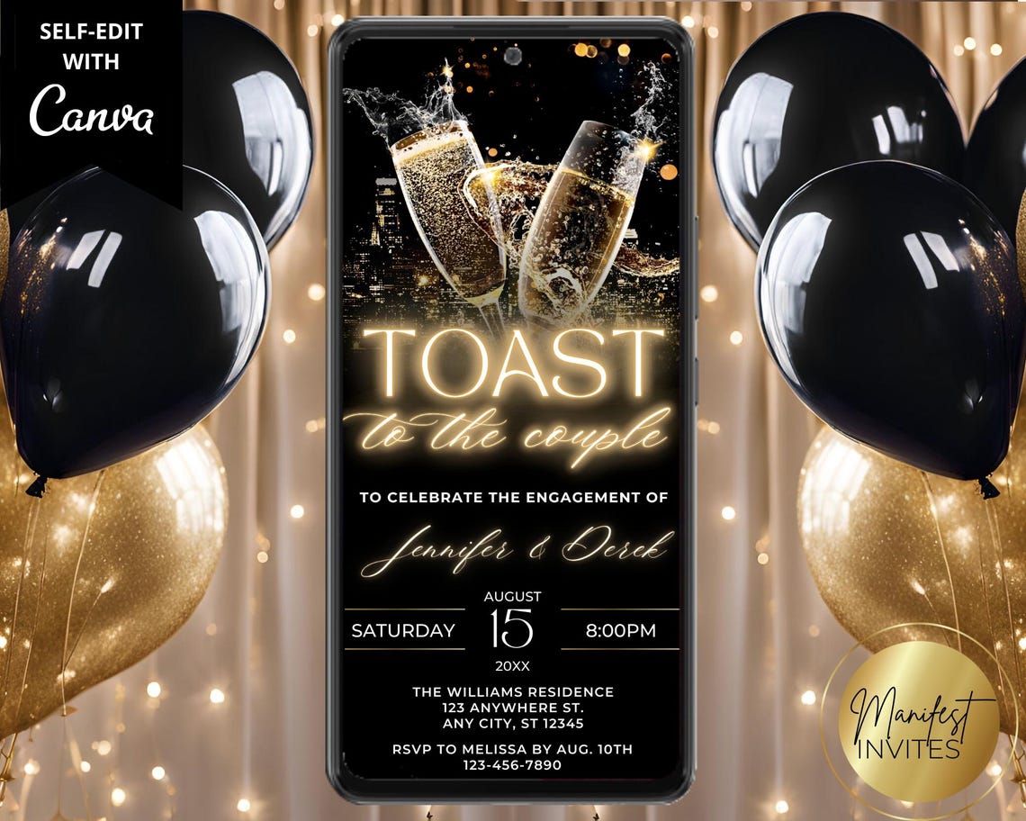Digital Toast to the Couple Wedding Engagement Party Invitation, Black ...