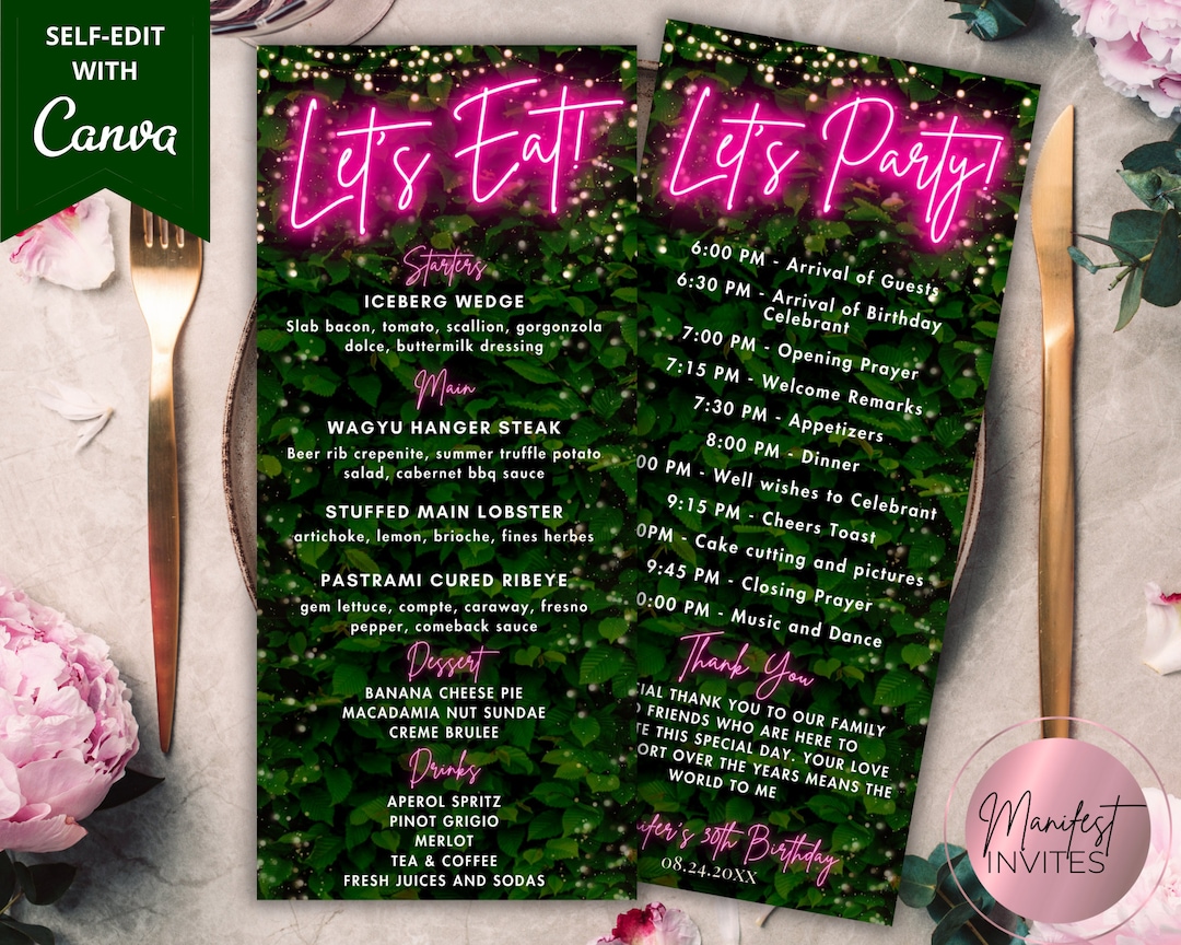 Editable Birthday Party Menu and Program Card Template, Printable Event ...
