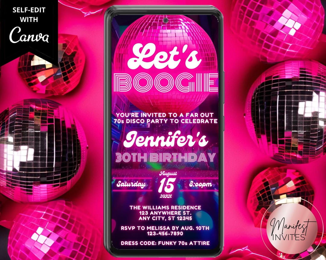 Digital Let's Boogie Pink Neon Disco Ball Glam Birthday Party ...