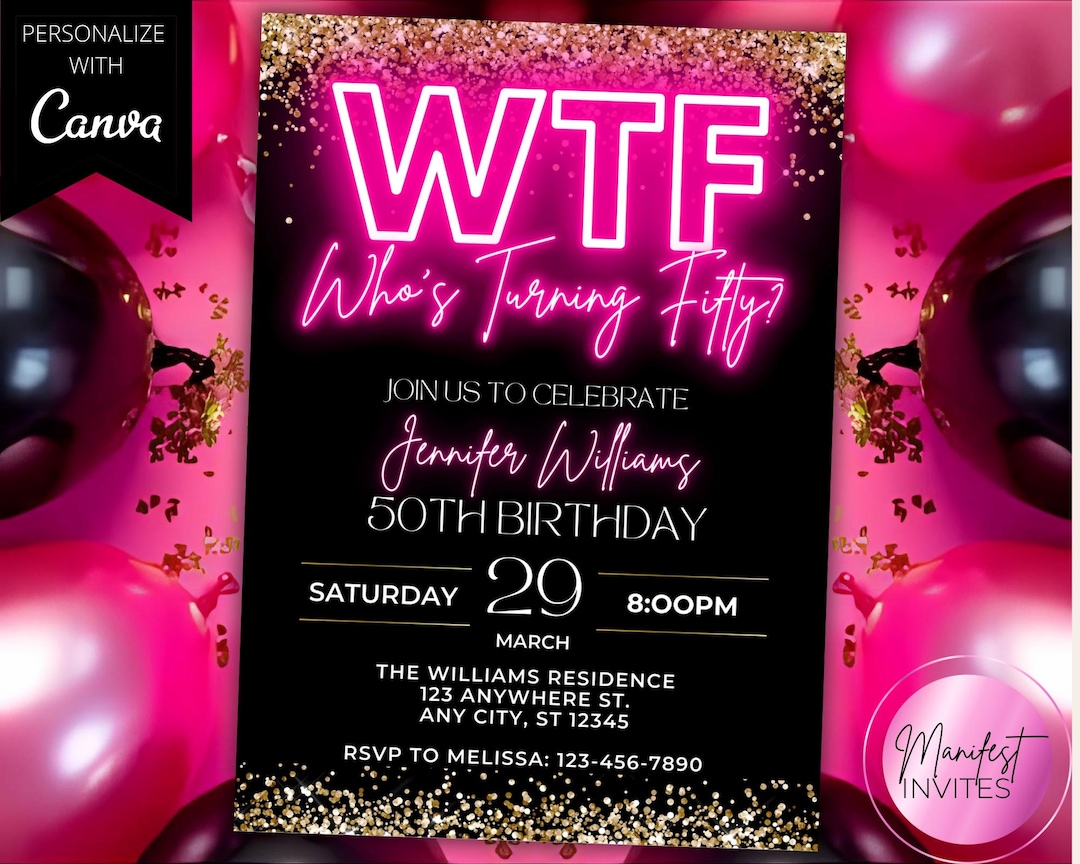 Editable WTF Who's Turning Fifty 50th Birthday Party Invitation ...