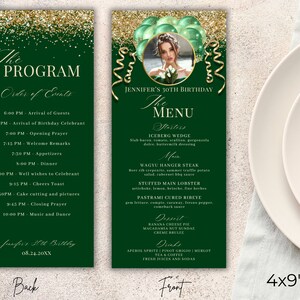 Editable Picture Green Gold Glitter Balloons Menu and Program Card ...