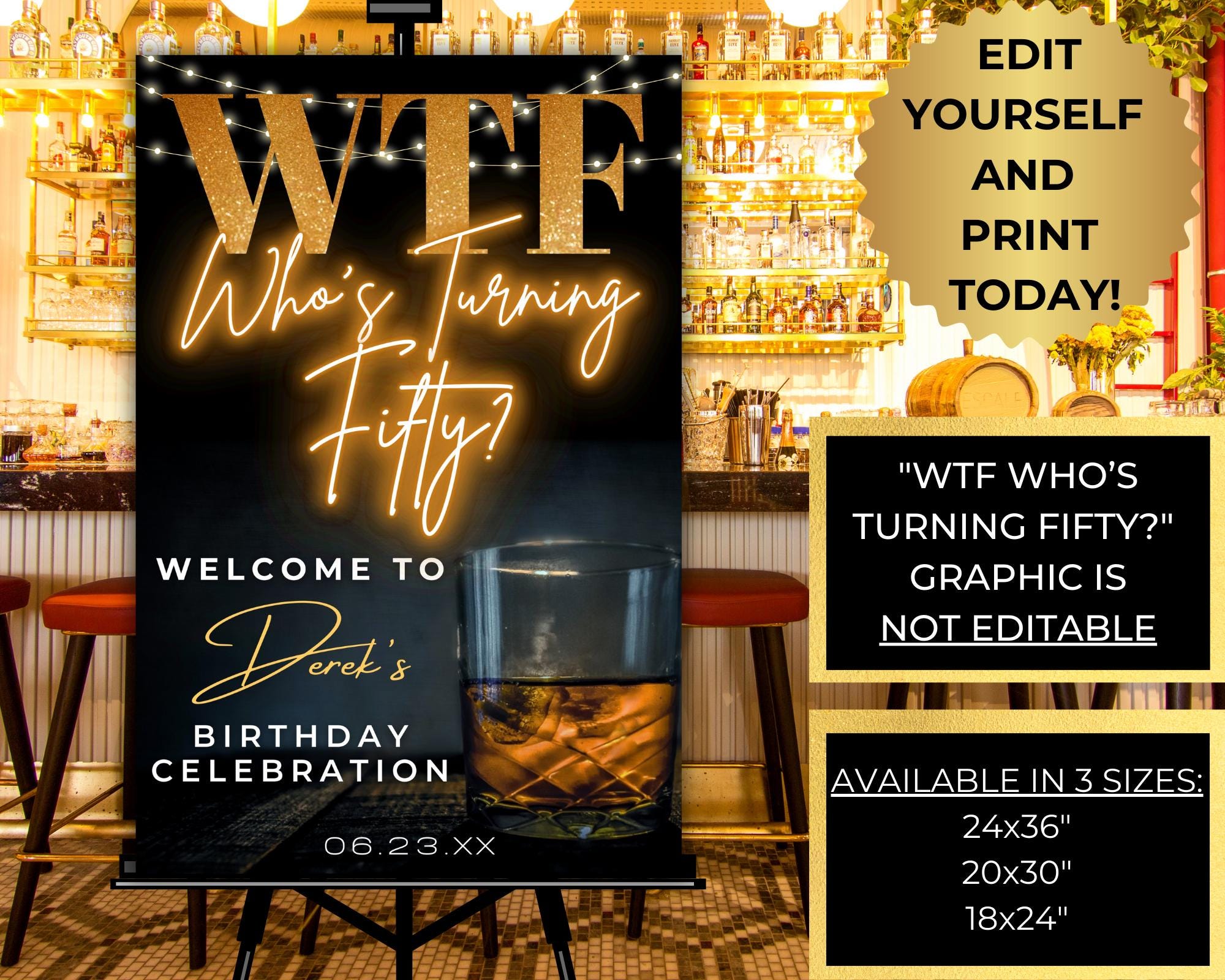 Editable Men's WTF Who's Turning Fifty 50th Birthday Party Whiskey ...