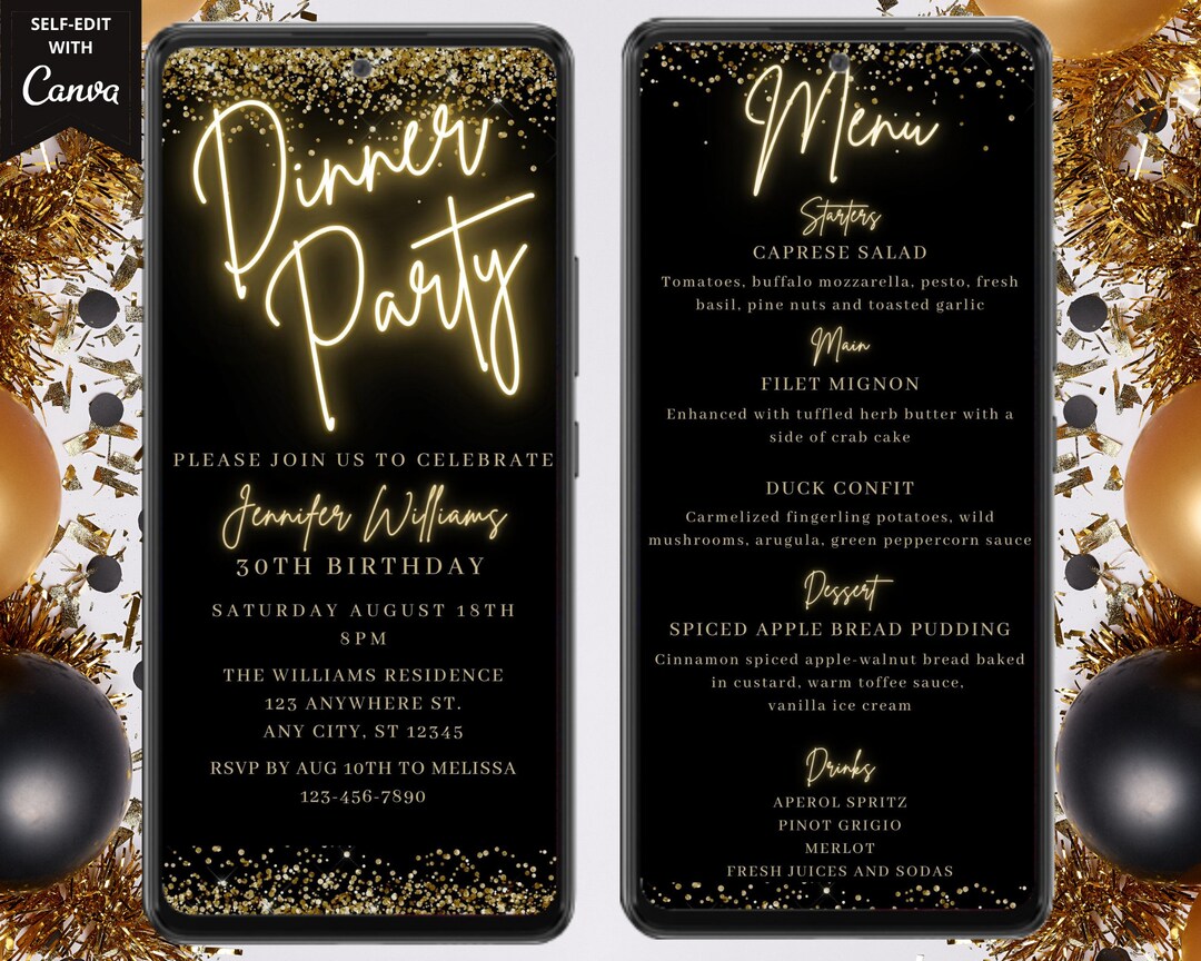 Digital Dinner Party Menu Invitation, Digital Text Evite, Birthday ...