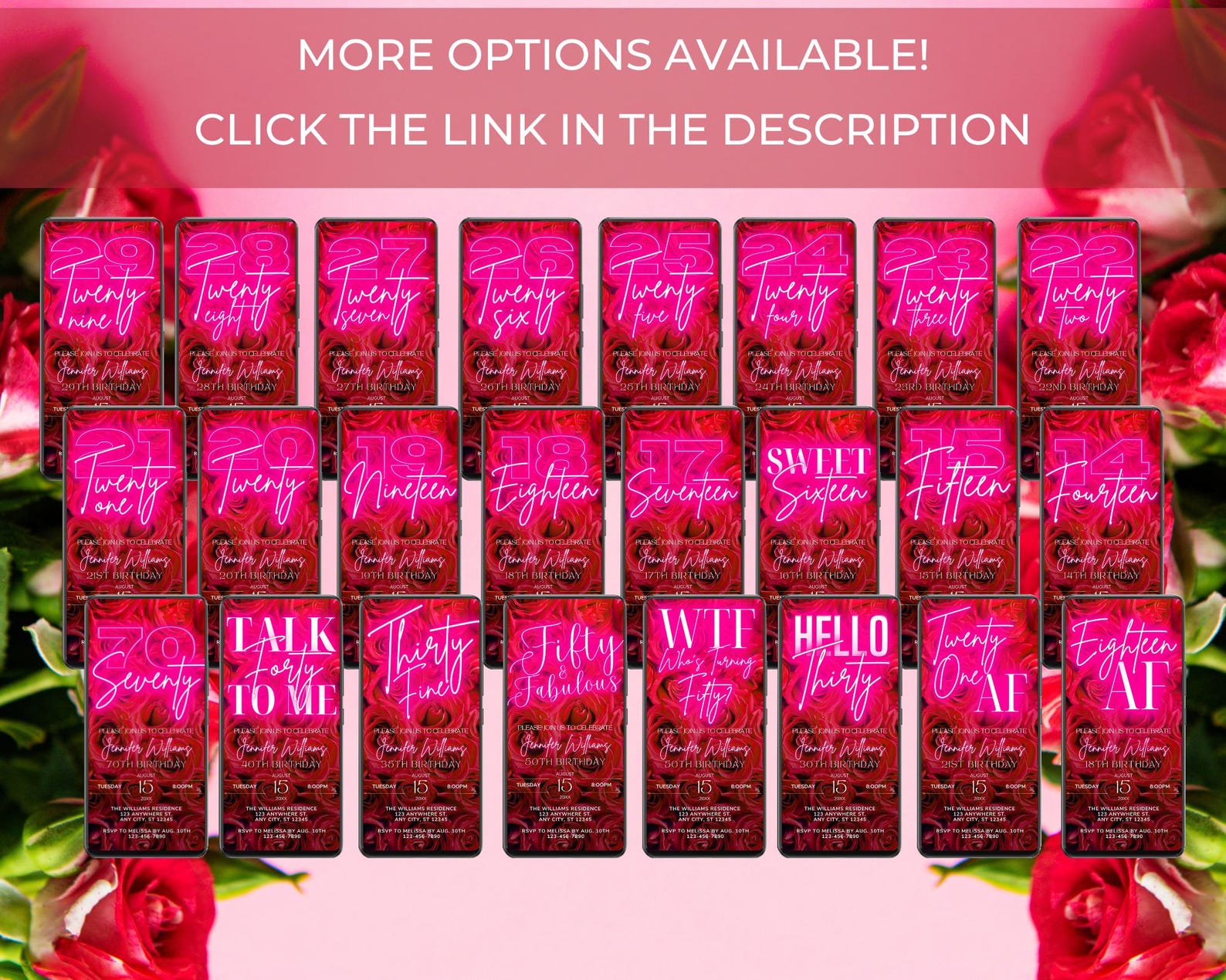 Digital 22nd Birthday Pink Neon Red Floral Roses Party Invitation, for ...
