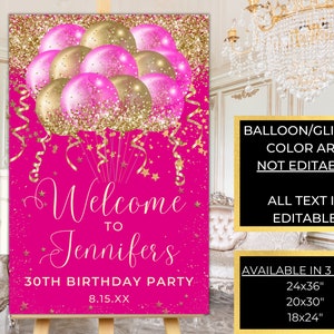 Printable Pink Gold Glitter Balloons Welcome Sign, Birthday Party Sign ...