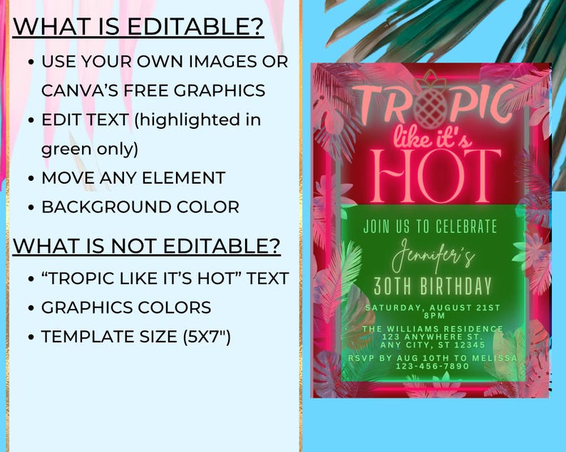 Editable Tropical Tropic Like It's Hot Birthday Party Invite Template ...